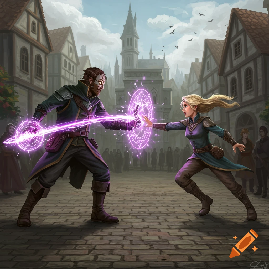 Two magic users in battle in a town square on Craiyon