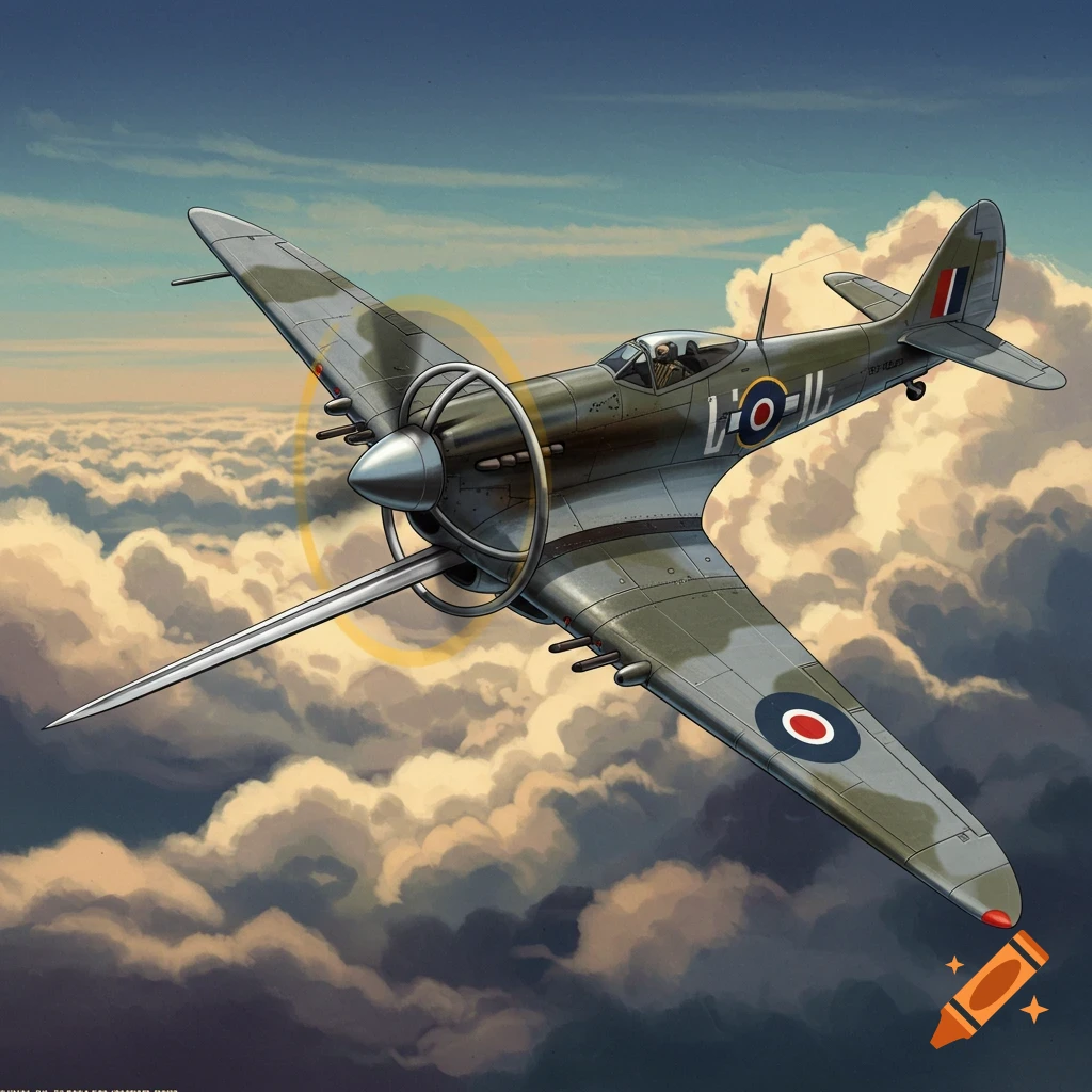 A 1940s airplane with a sword nose is flying above clouds. on Craiyon