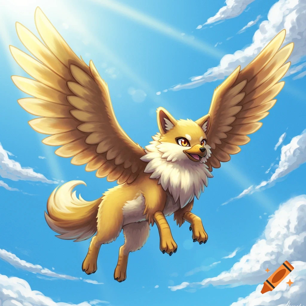 A black and gold cartoon griffin stands outdoors with a raised paw, in a simple cartoon style ...