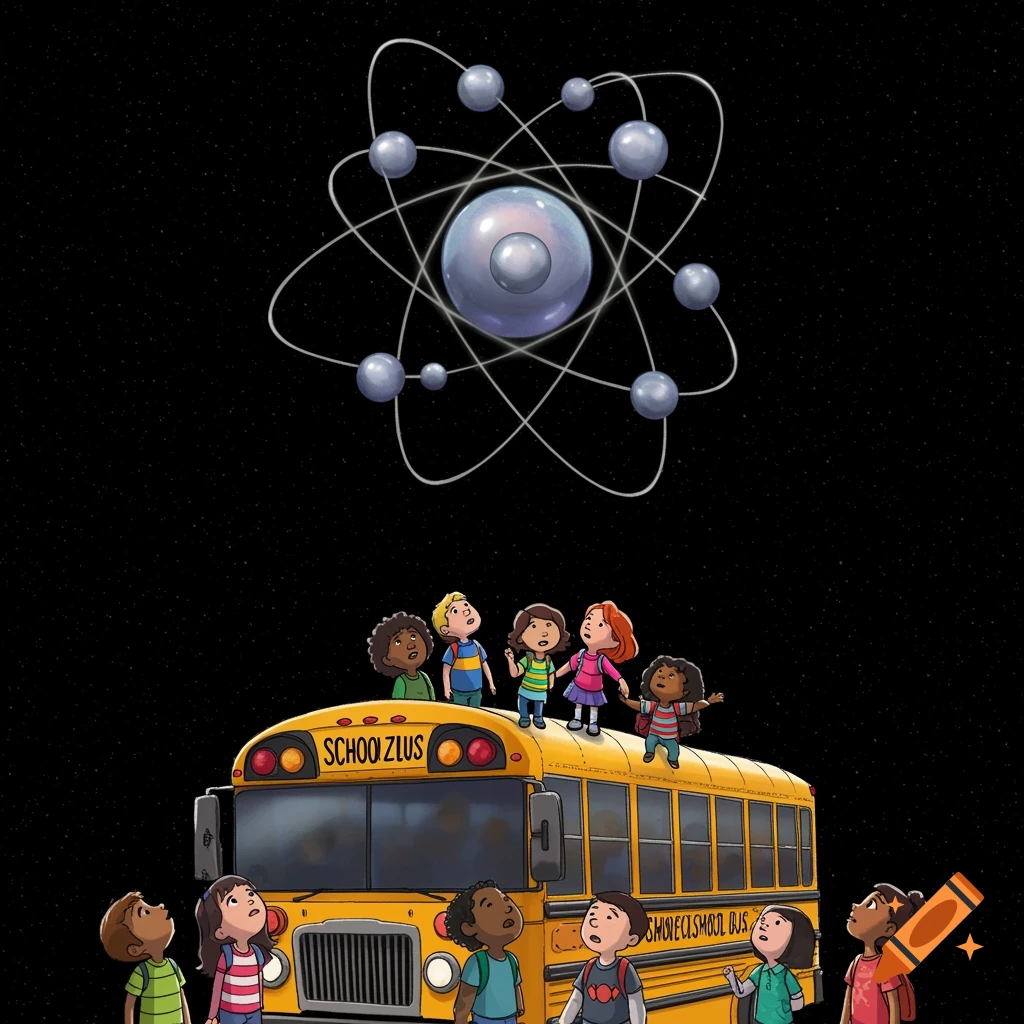 Magic School Bus with Ms. Frizzle and children looking at an aluminum ...