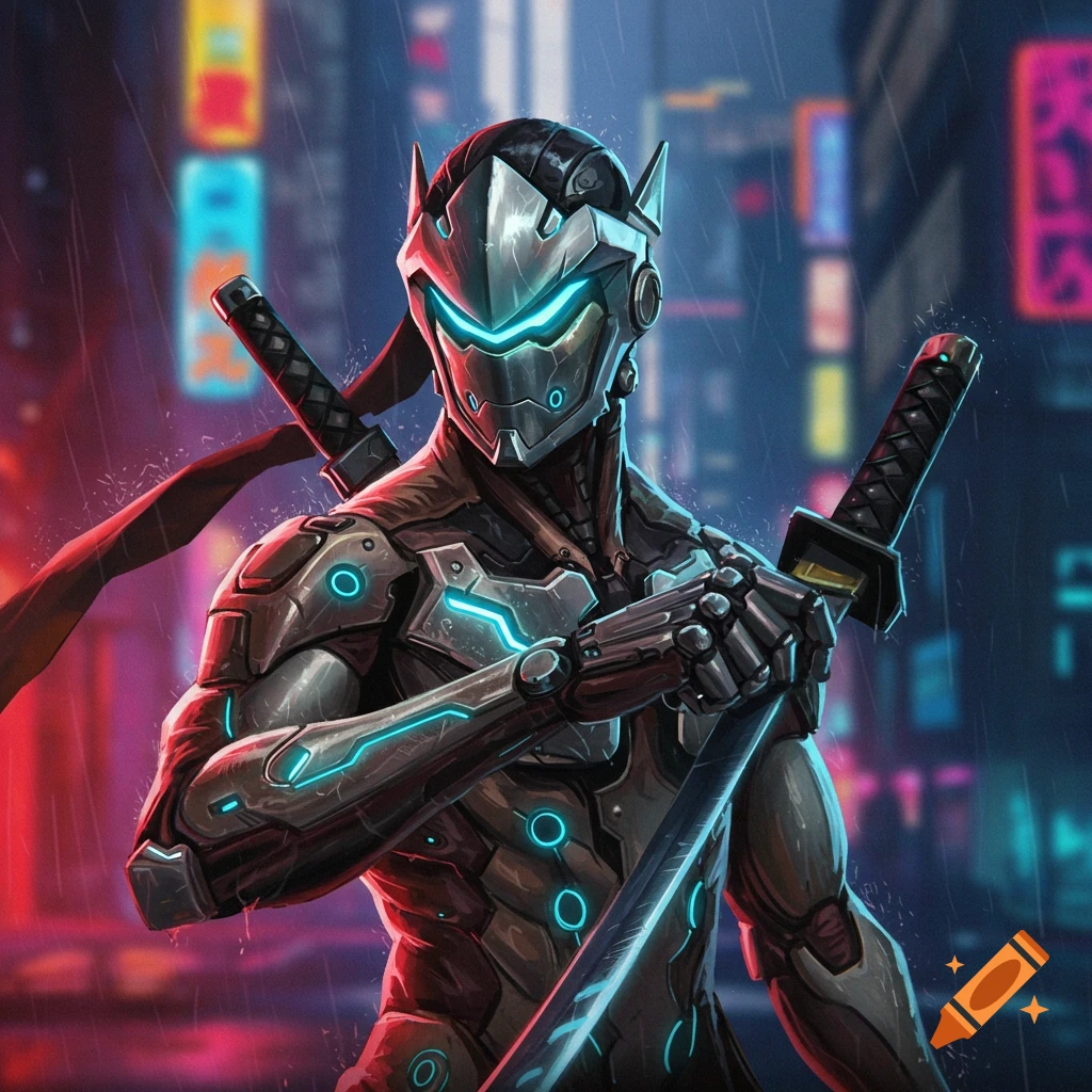 A cyberpunk robot assassin holds swords in a rainy city street. on Craiyon