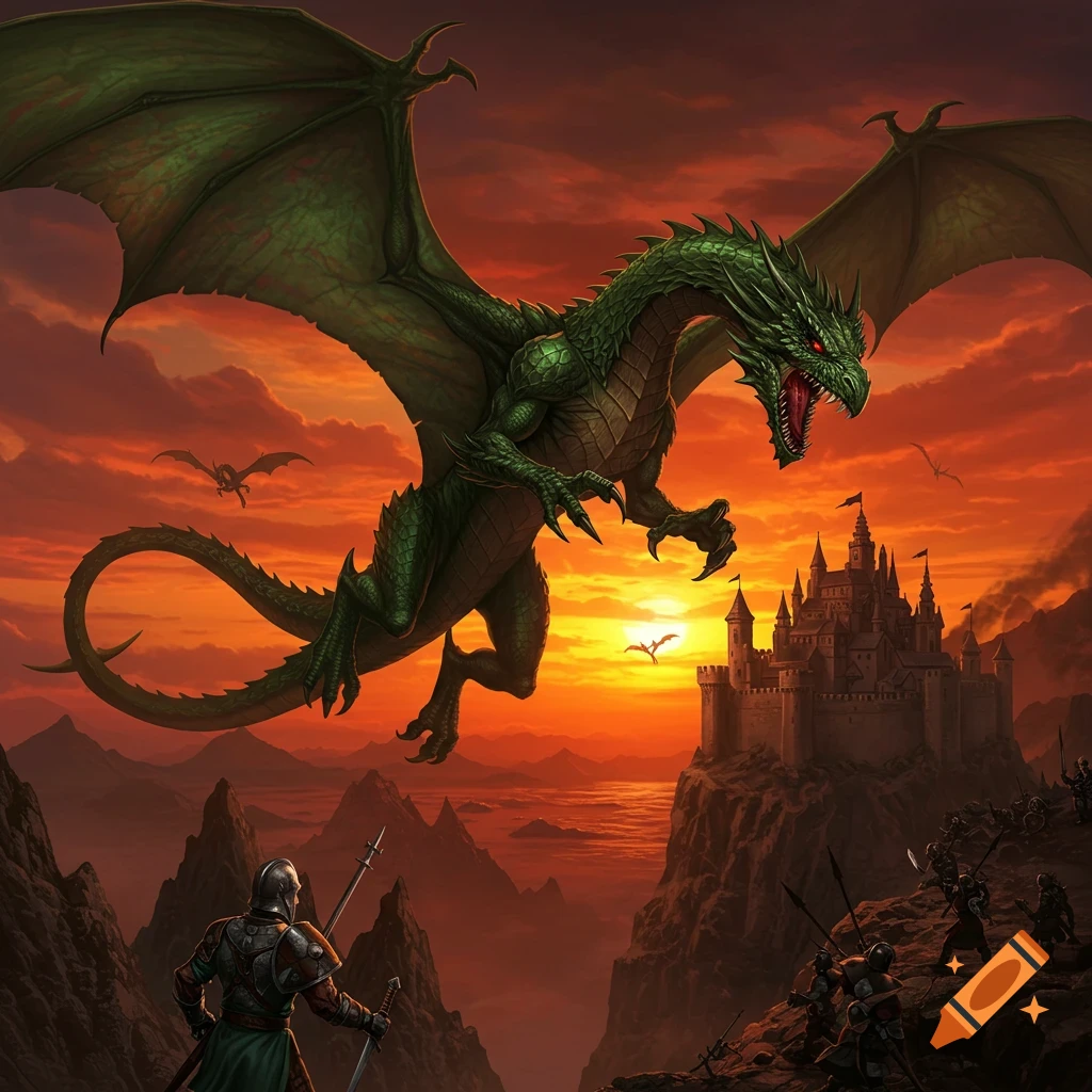 A large green dragon attacking a castle during sunset, with knights ...
