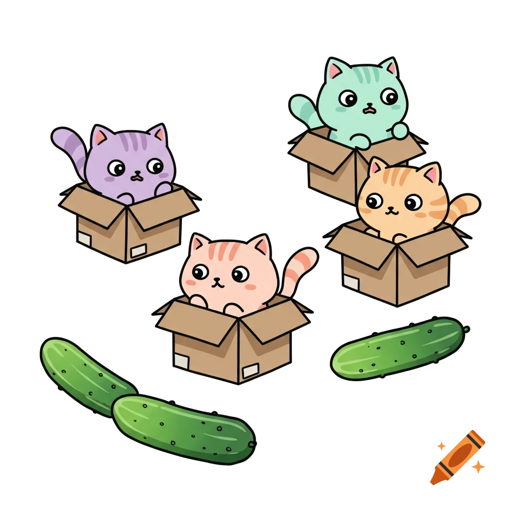 Cats in boxes scared of cucumbers, chibi style on Craiyon