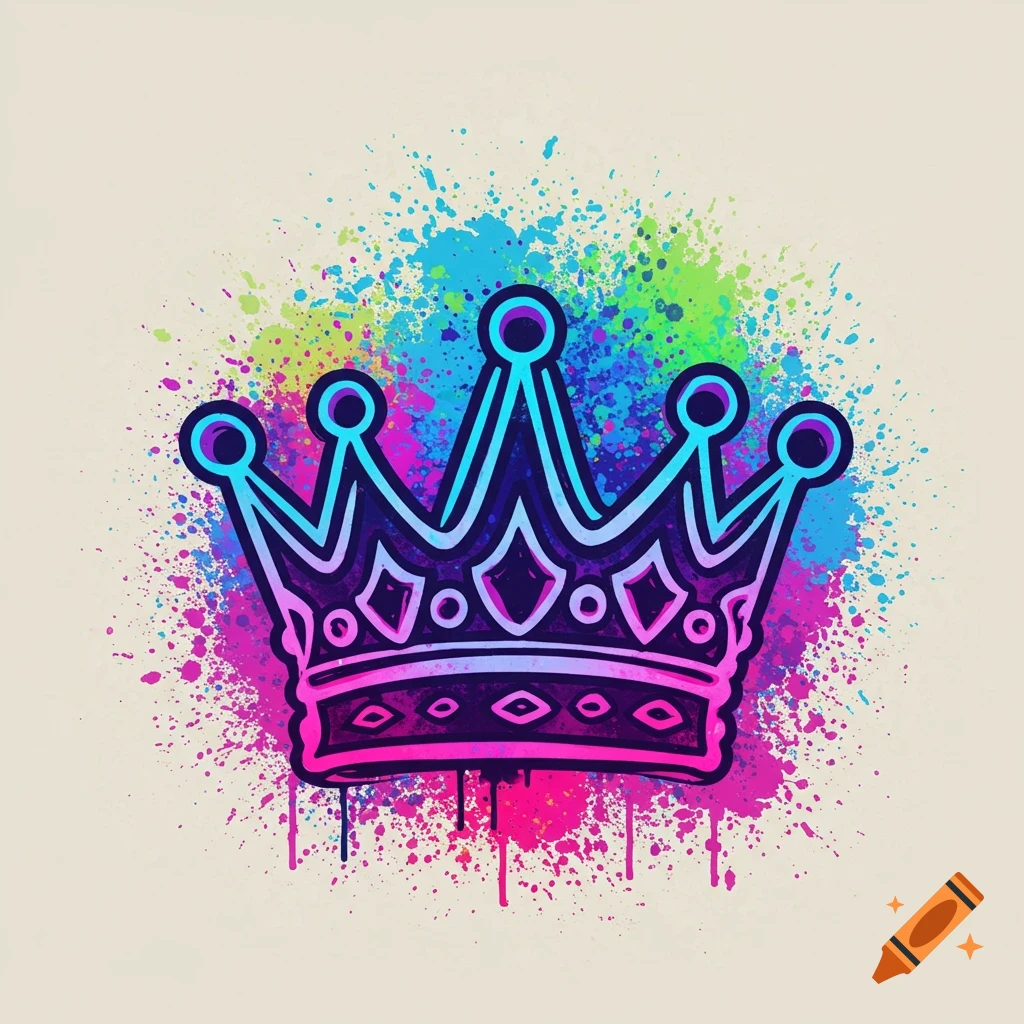 A colorful neon crown illustration with graffiti paint splatters on Craiyon