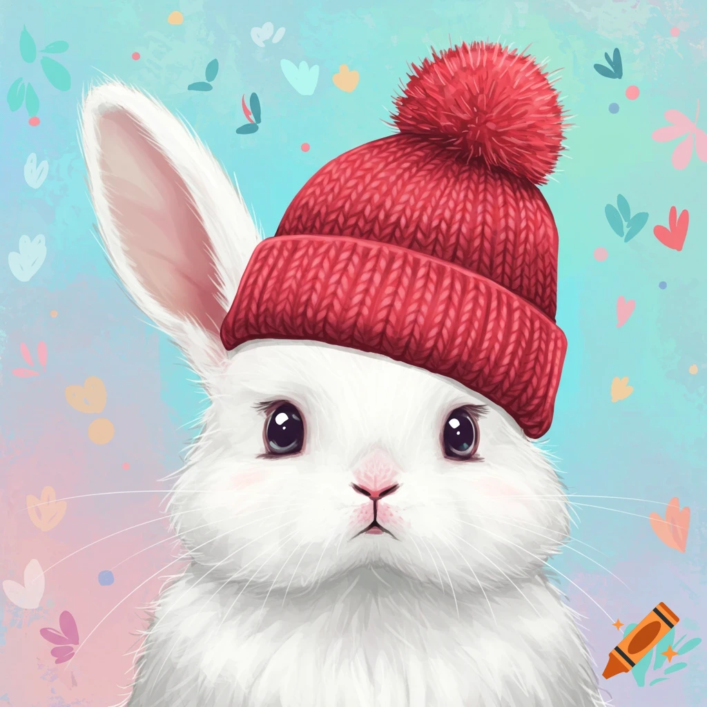 A white bunny wearing a red beanie on Craiyon