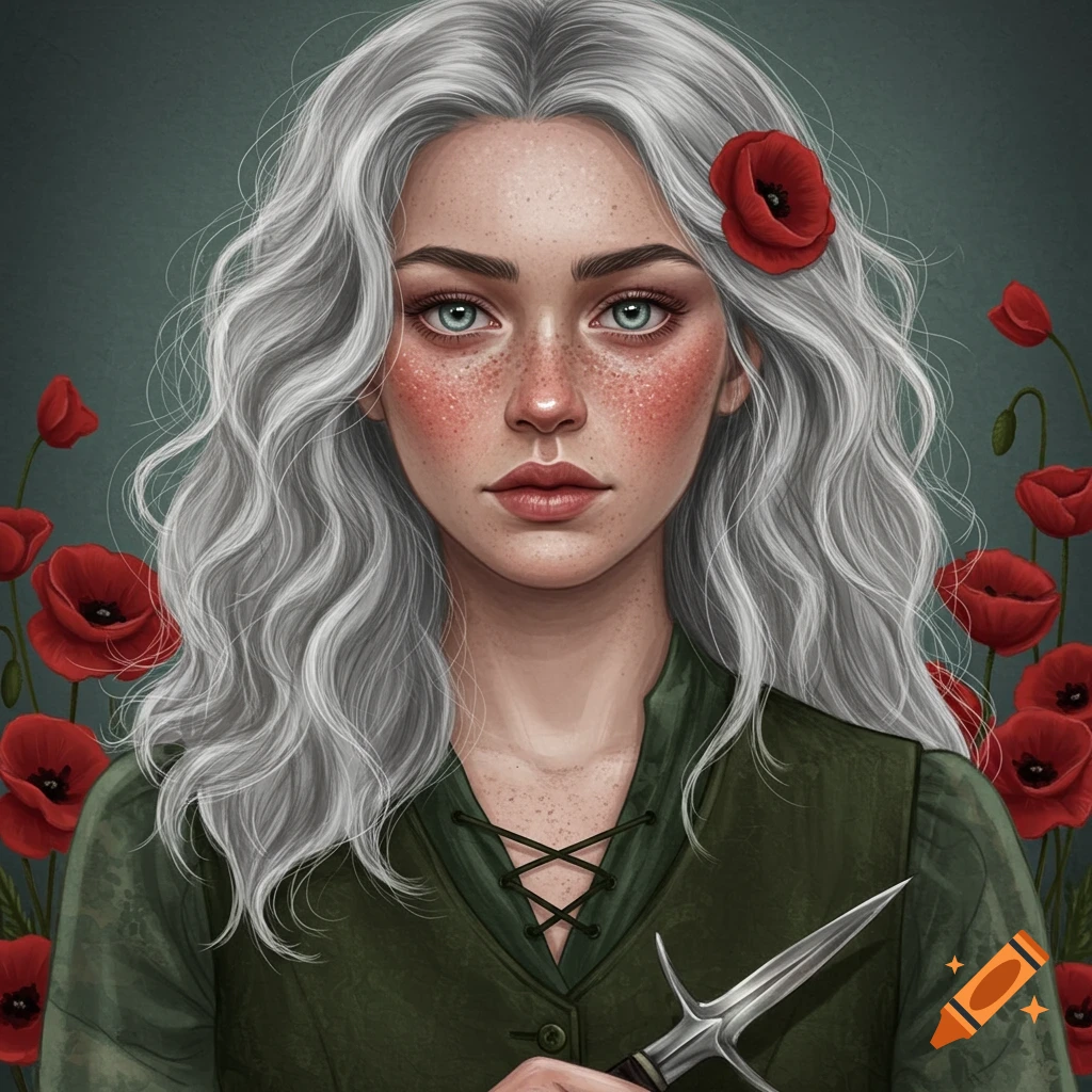 Portrait of a woman with silver hair, freckles, green eyes, holding a ...