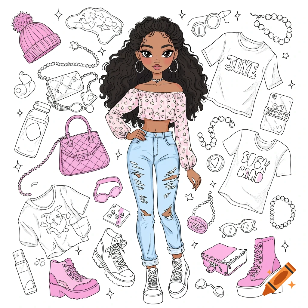 Coloring page of stylish teenager with fashion accessories on Craiyon