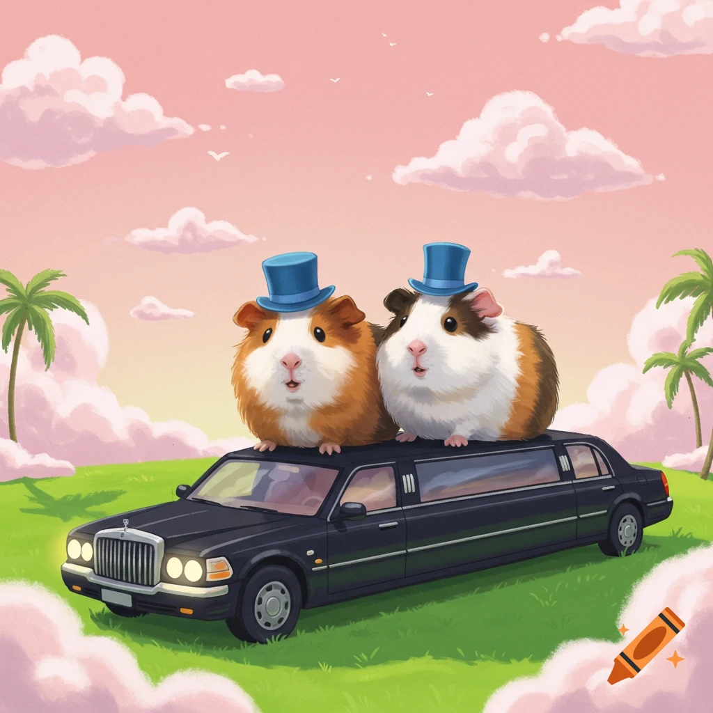 Two cute guinea pigs with blue top hats riding a black limo in a grassy ...