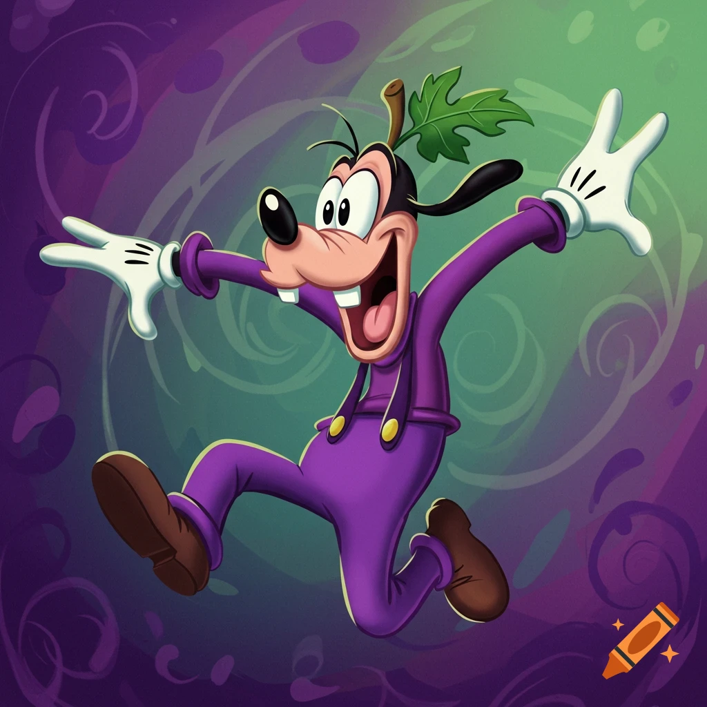 A picture of Goofy the cartoon dog in a purple outfit jumping happily ...