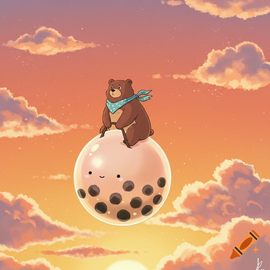 Bear riding boba in Ghibli style against orange sky on Craiyon