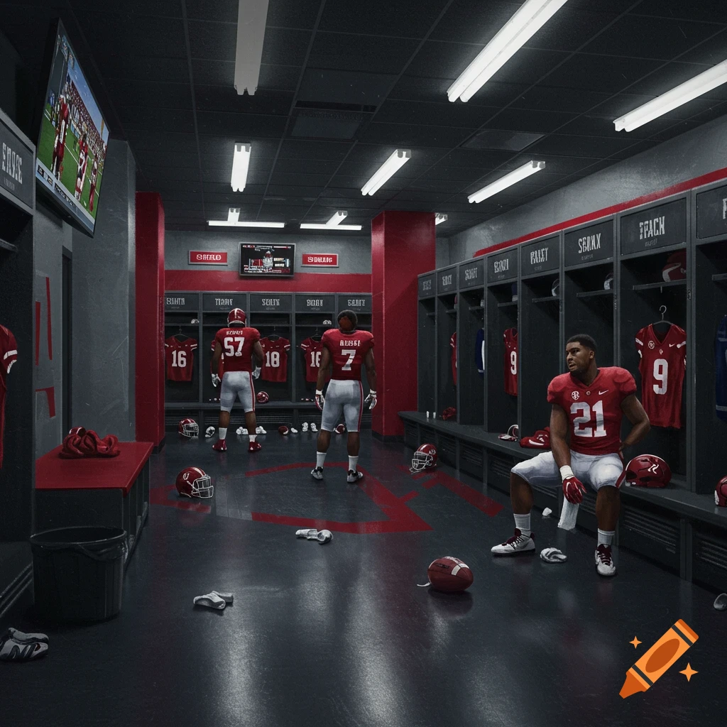 Football players in a locker room with jerseys, helmets, and equipment ...