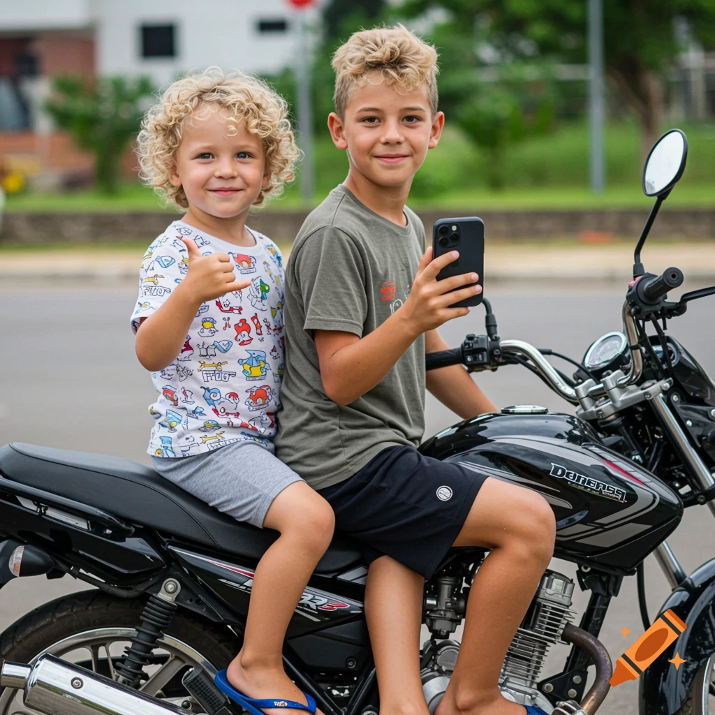 Brazilian toddler and older brother on a motorcycle on Craiyon