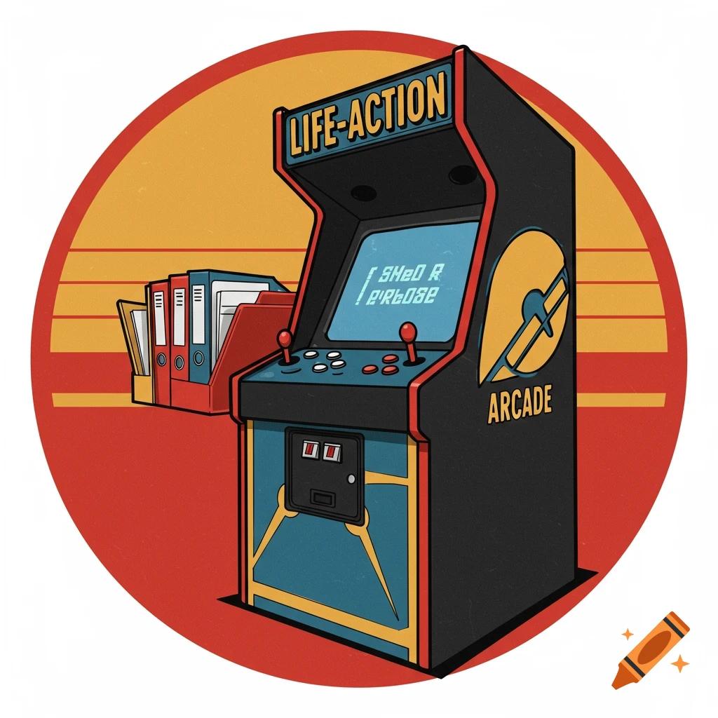 Life-Action Arcade logo with retro arcade machine and colorful file folders on Craiyon