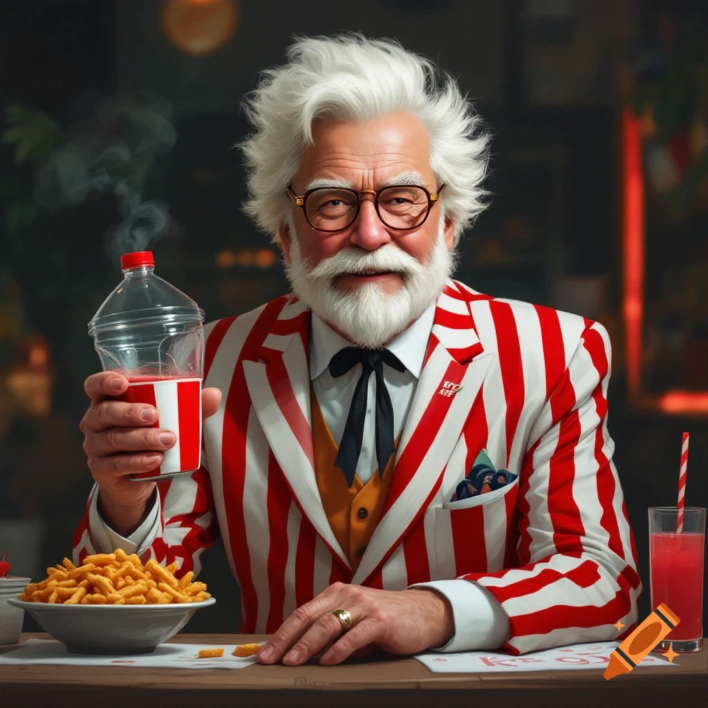 Colonel Sanders in KFC suit with fried chicken and Kool-Aid on Craiyon