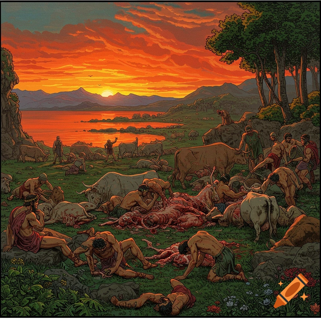 Odysseus' men eating Helios' cattle on Craiyon