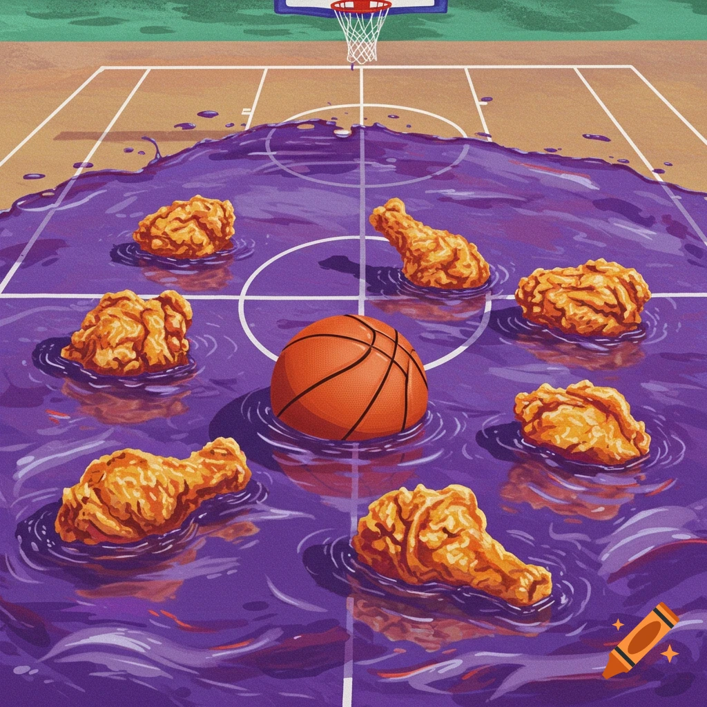 Fried chicken, grape Kool-Aid, pool, and basketball court on Craiyon