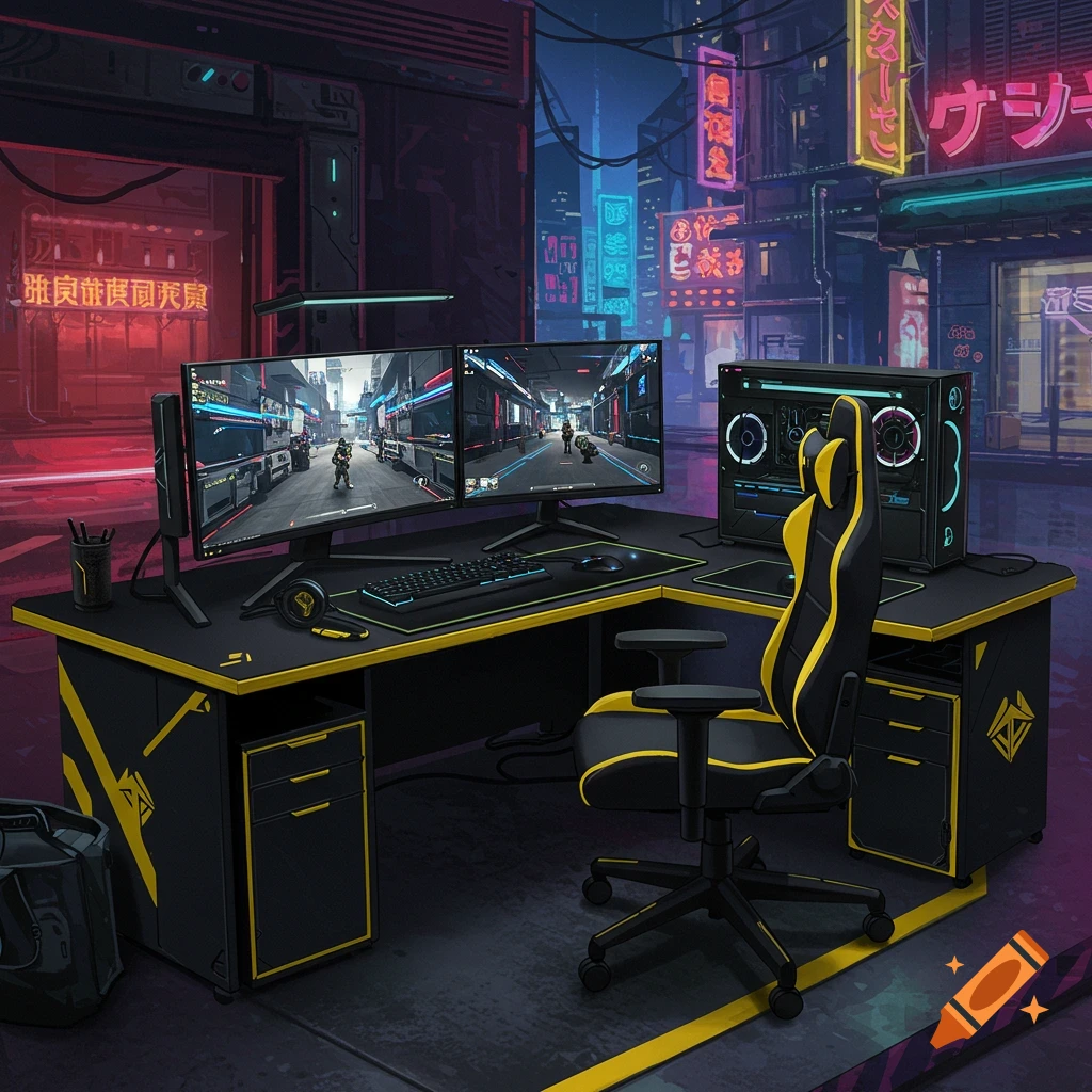Black and yellow gaming setup with two monitors on an L-shaped desk on ...
