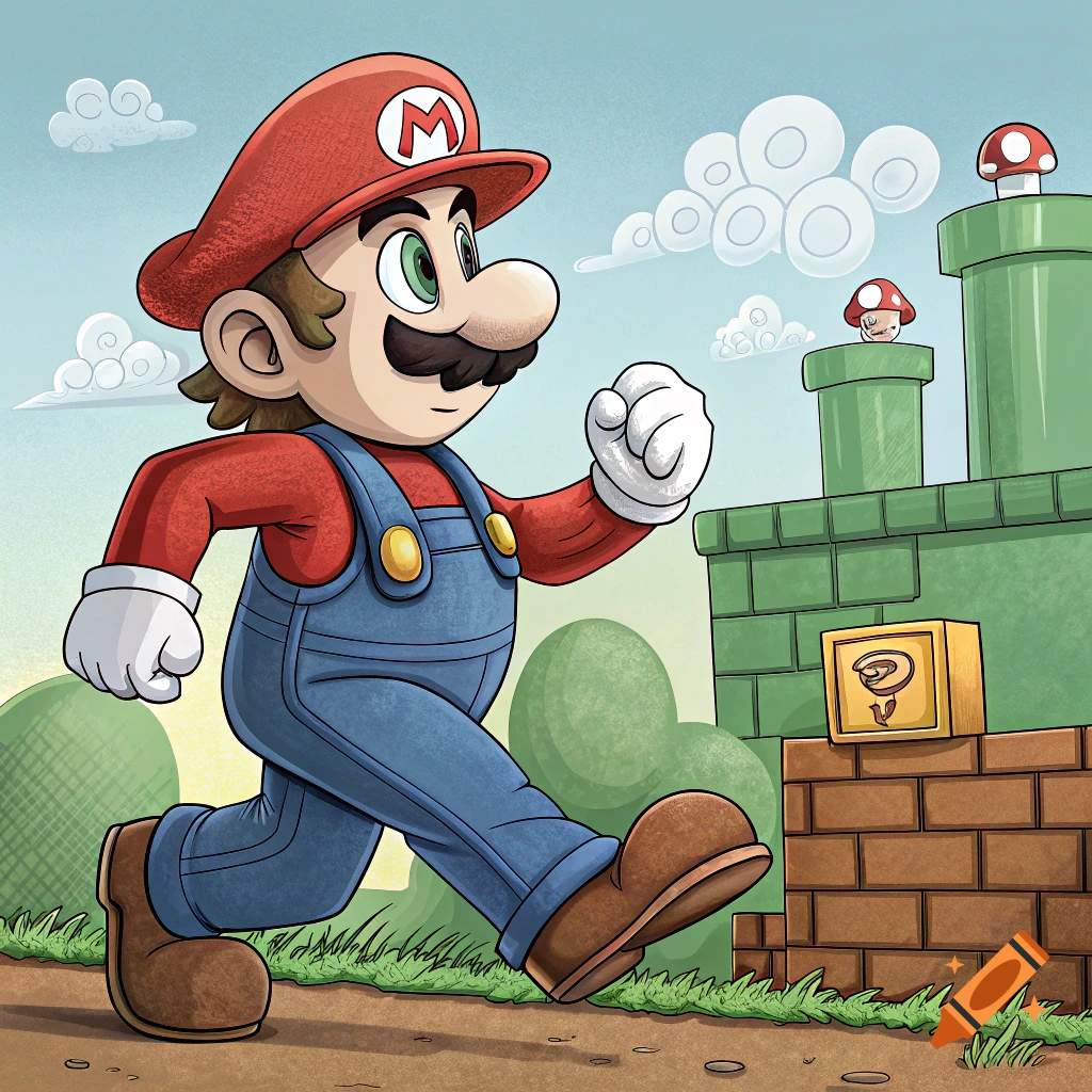 Cartoon illustration of Super Mario running through a colorful game ...