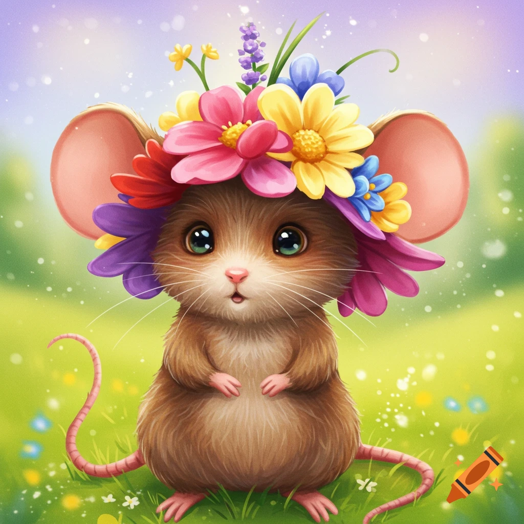 A cute mouse sits on a mushroom eating a berry in a fantasy garden ...