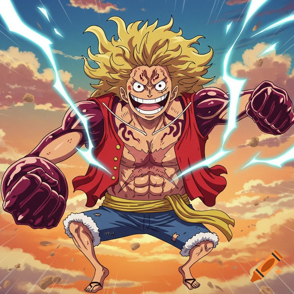 Luffy in his Gear Five form stands powerfully in a stormy sea with ...