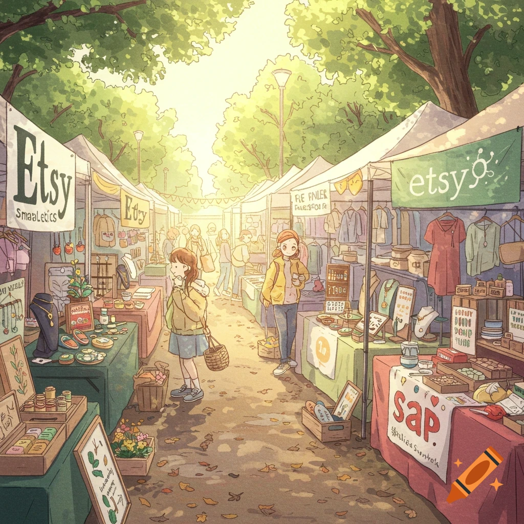 A bustling outdoor market with vendor stalls, shoppers, and Etsy signs. on Craiyon