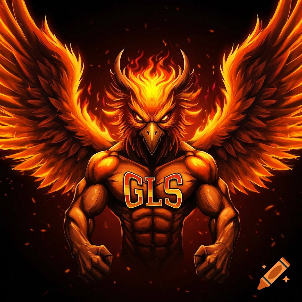 An angry, muscular phoenix creature with fiery wings and head ...