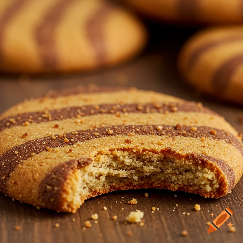 Close-up of a bitten cookie with light and dark brown tiger stripes on ...