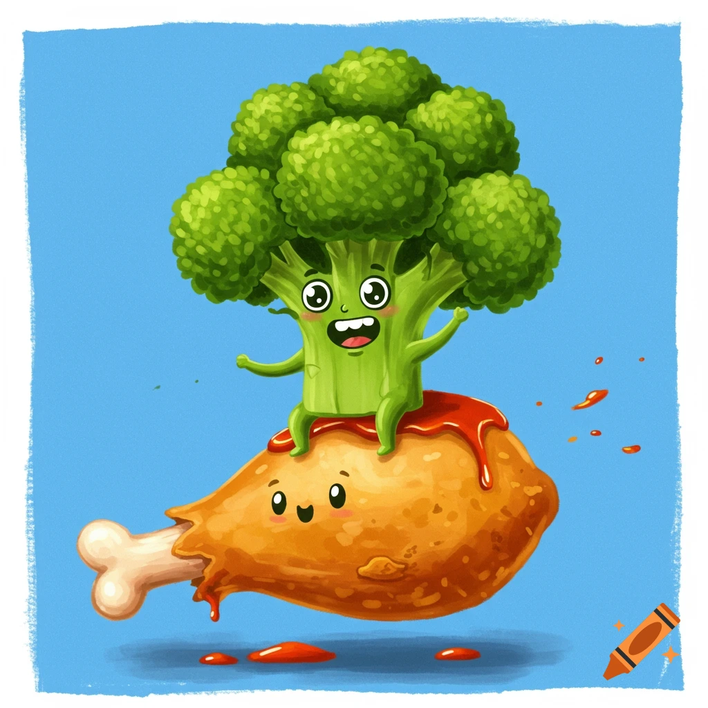 Broccoli with a face riding a chicken drumstick with a face on Craiyon