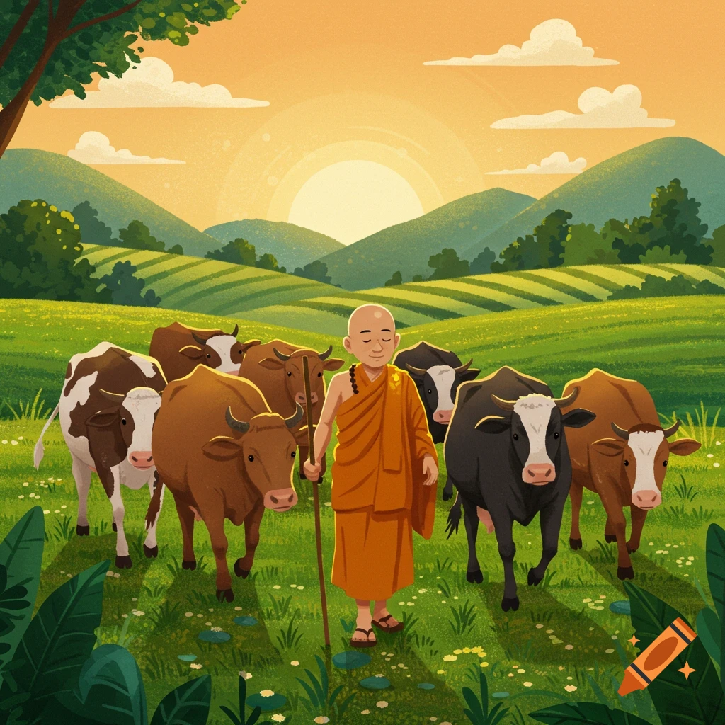 Monk guiding a group of cows on Craiyon