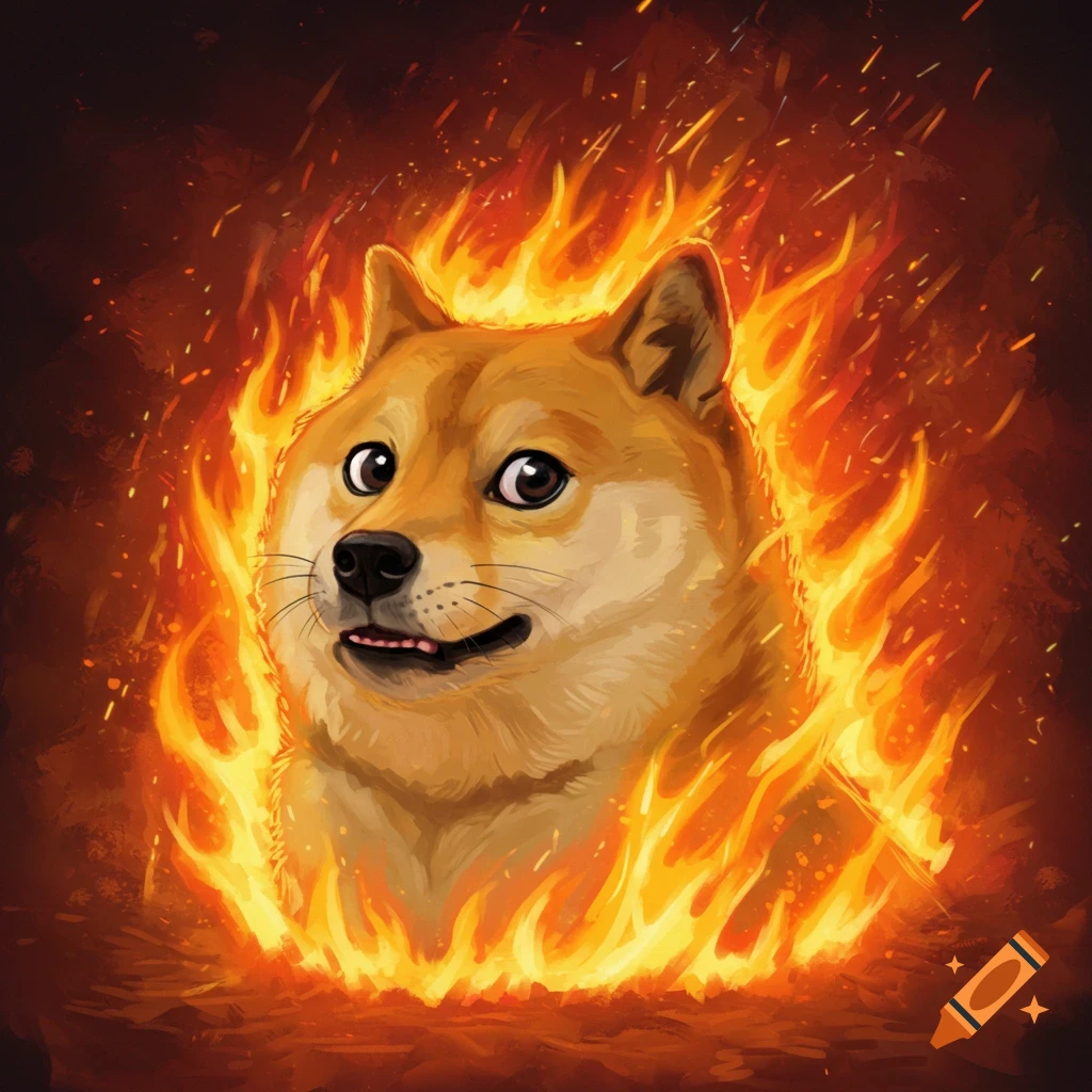 A Doge meme dog character is engulfed in stylized orange and yellow ...