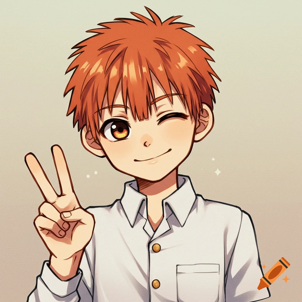 Mitsuba Sousuke from TBHK throwing a peace sign with a wink on Craiyon