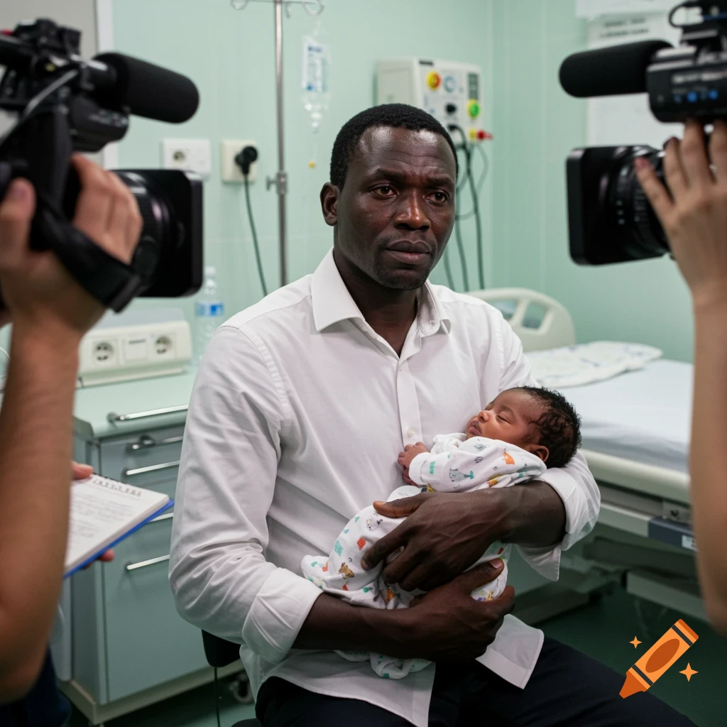 Man holds baby during hospital interview with camera crew on Craiyon