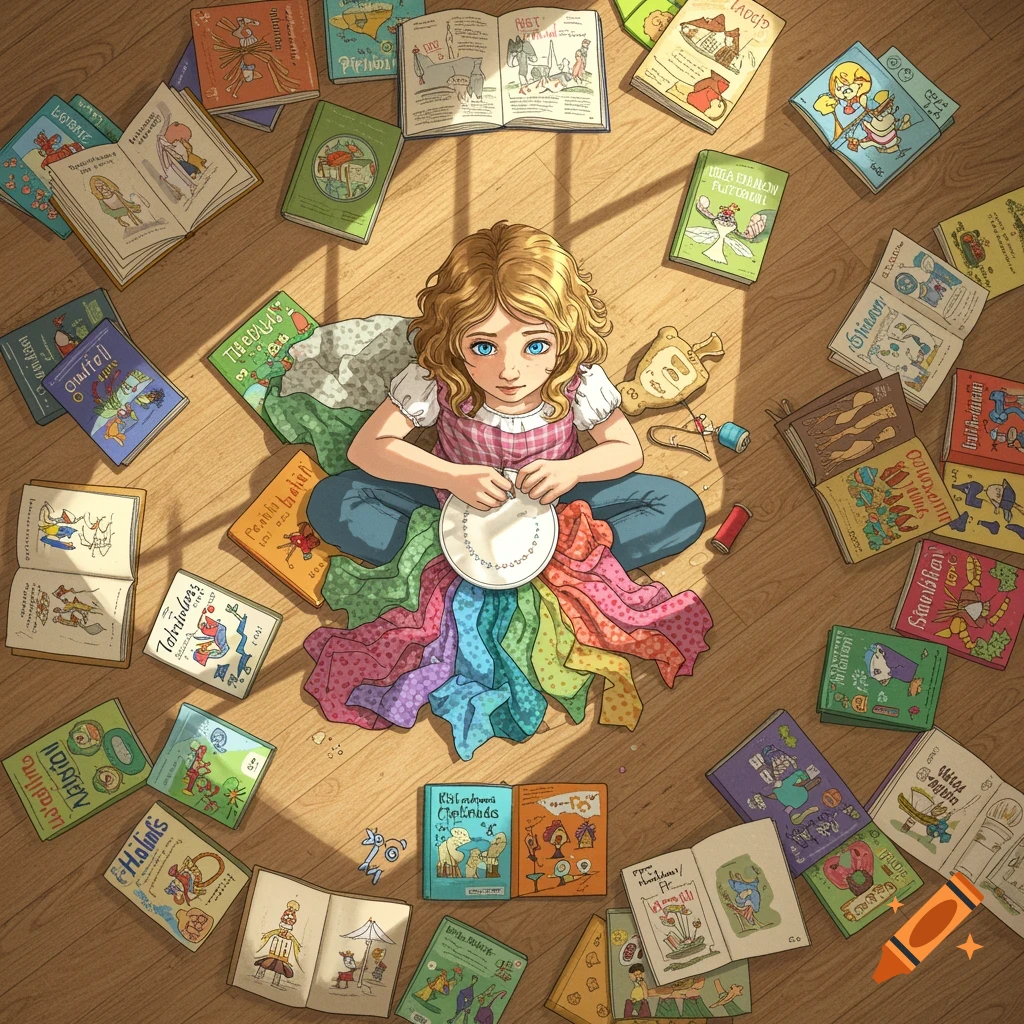 Girl sitting in corner surrounded by books sewing from above on Craiyon