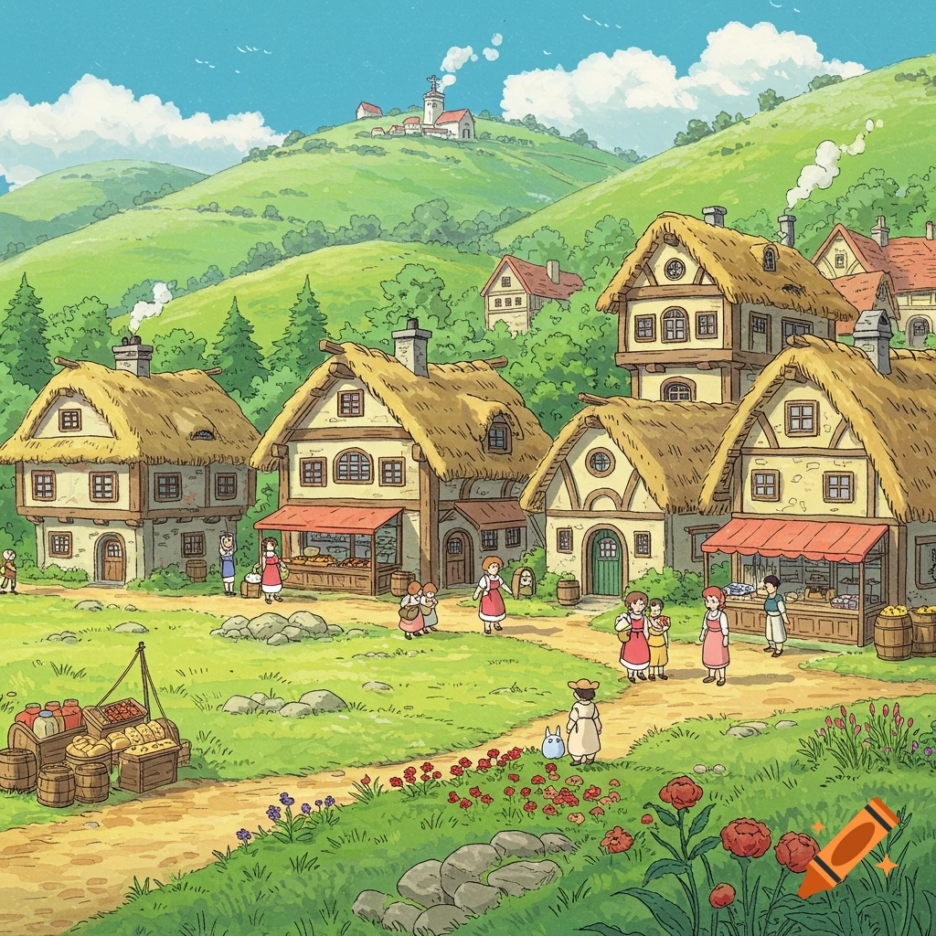 Studio Ghibli style landscape with rolling hills, houses, a large building, a river, and cute ...