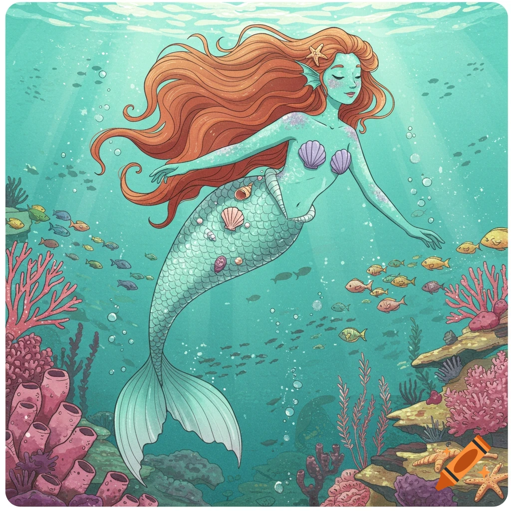 Illustration of a mermaid swimming underwater among fish and coral ...