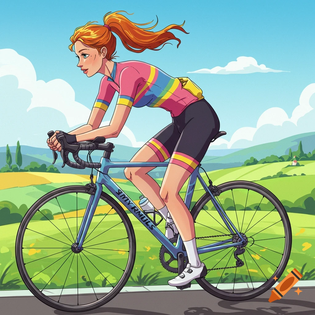 A female cyclist rides a road bike through a sunny green landscape in a digital illustration. on ...