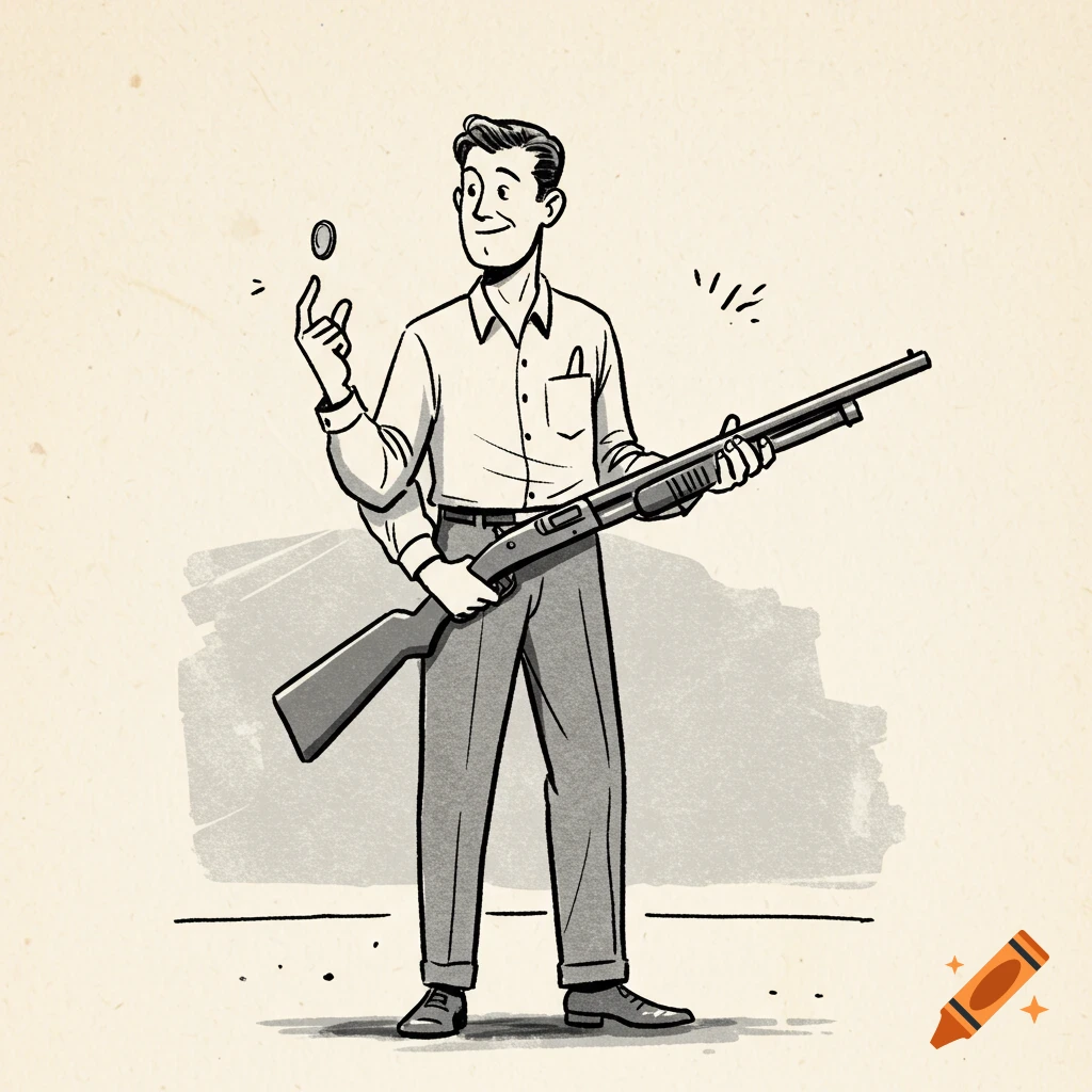 Drawing of a 1959 man with a shotgun flipping a coin on Craiyon