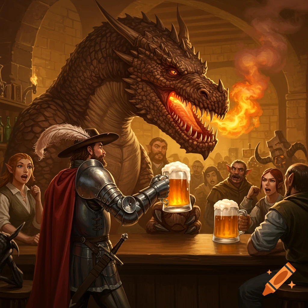 A bald bartender serving drinks to fantasy creatures in a bustling bar ...