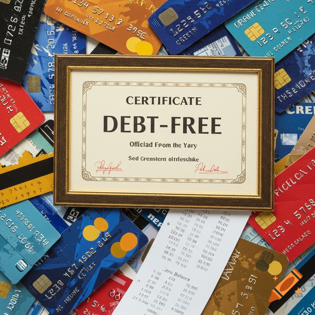 Cut-up credit cards with a "Debt-Free" certificate on Craiyon