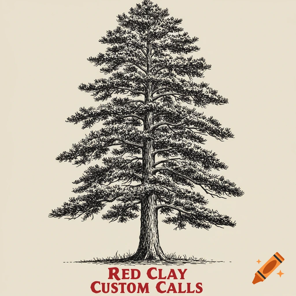 Black and white sketch of a giant pine tree with "red clay custom calls ...