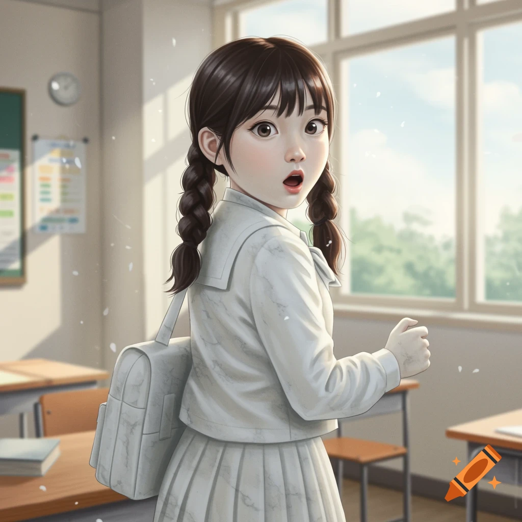 Asian school girl petrified into white marble statue on Craiyon