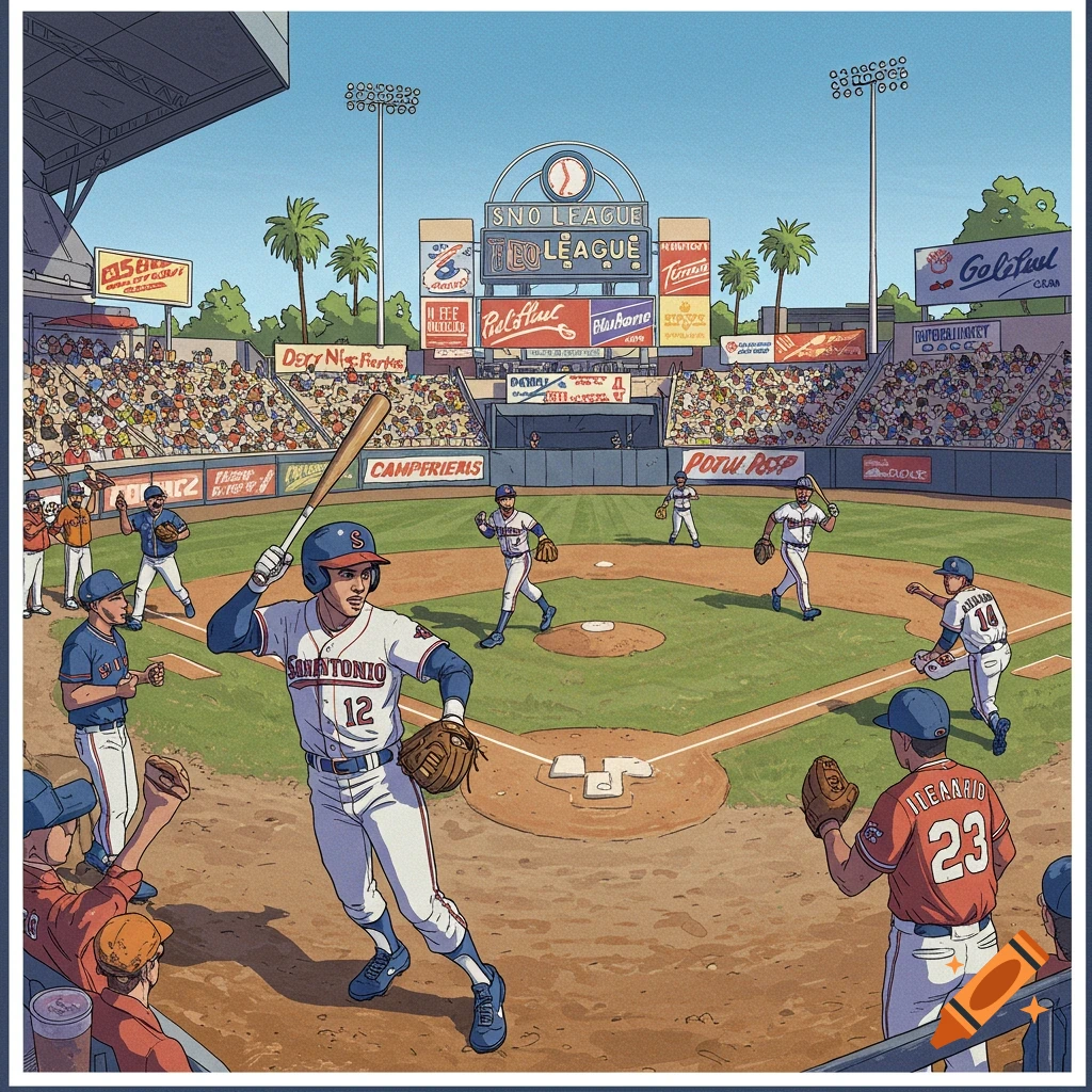 A cartoon frog with a baseball cap, hot dog, and mitt stands in a ...