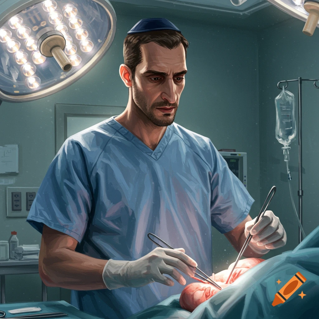 A photorealistic image of a male surgeon with a black eye and a cast on ...