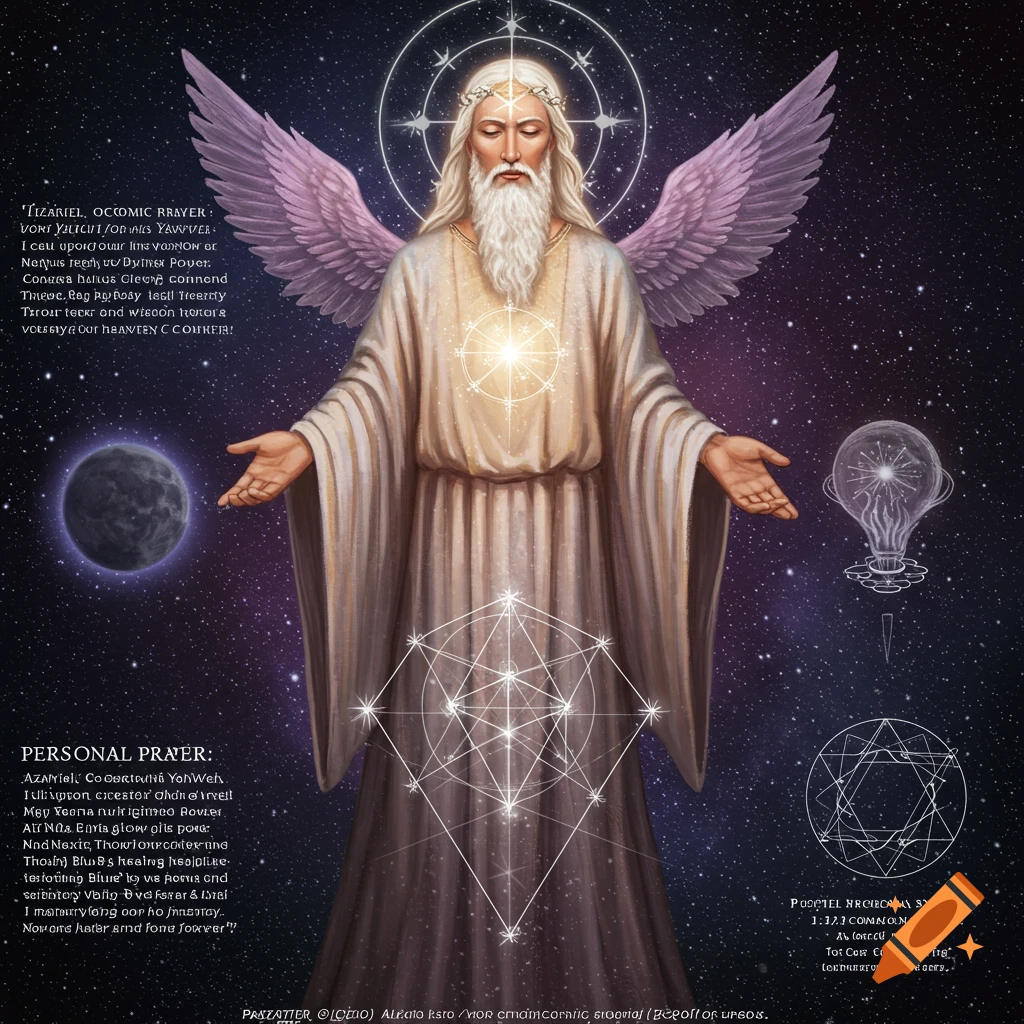 Azariel's Starheart celestial emblem with prayer text on Craiyon