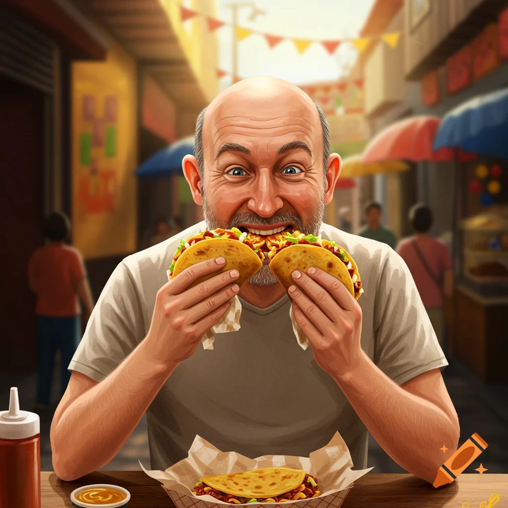 A man with a hotdog for a head stands in a sunlit street fair with food ...