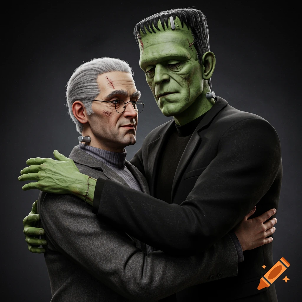Dr. Frankenstein and Frankenstein's monster hugging on Craiyon