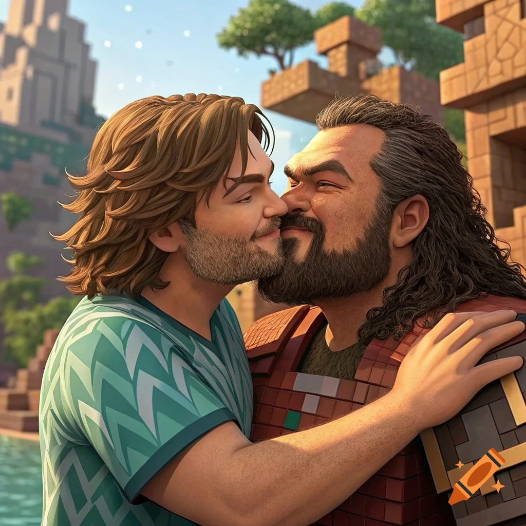 Jack Black as Steve kissing Jason Momoa in Minecraft movie on Craiyon