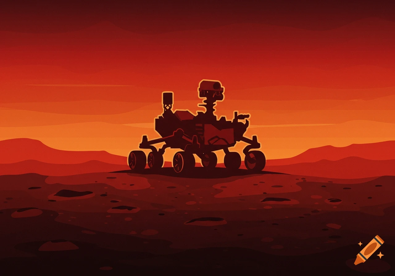 Silhouette of a Mars rover on the Martian surface under an orange sky ...