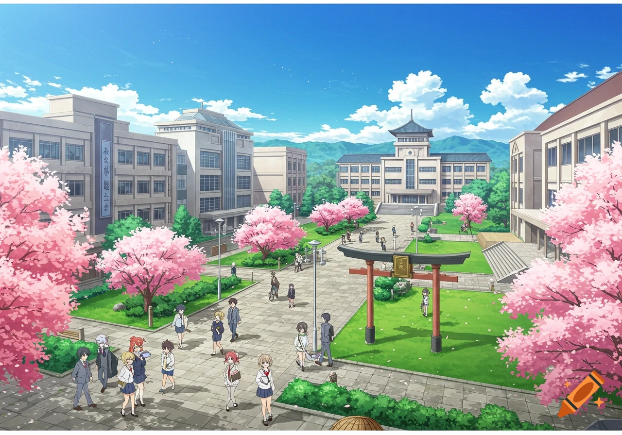 Anime illustration of a sunny university campus with cherry blossoms ...