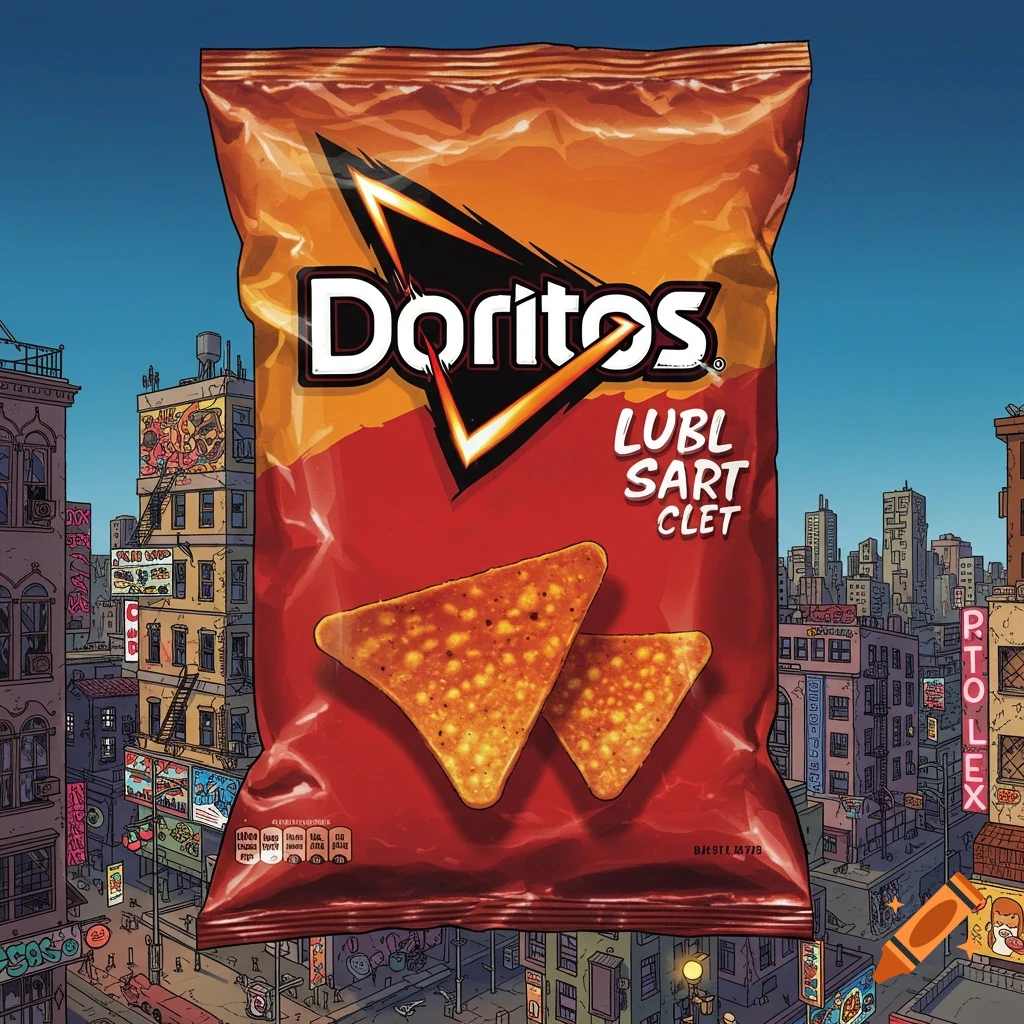 A large Doritos bag and two chips float over a stylized urban city in a comic art style. on Craiyon